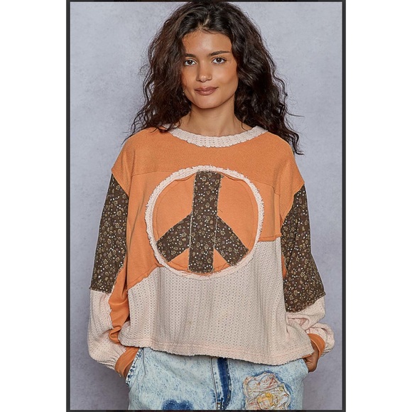 POL | Tops | Pol Tangerine And Floral Brown Peace Sign Sweater | Poshmark